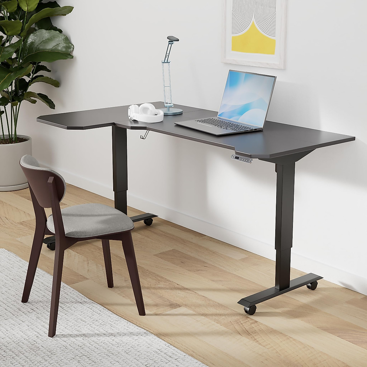 L-Shaped Electric Standing Desk, 59 Inches Height Adjustable Stand up Table with 4 Memory Settings, Sit Stand Home Office Desk with Black Frame & Top