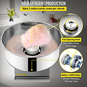 VEVOR Electric Cotton Candy Machine, 19.7-inch Cotton Candy Maker, 1050W Candy Floss Maker, Silver Commercial Cotton Candy Machine with Stainless Steel Bowl and Sugar Scoop, Perfect for Family Party