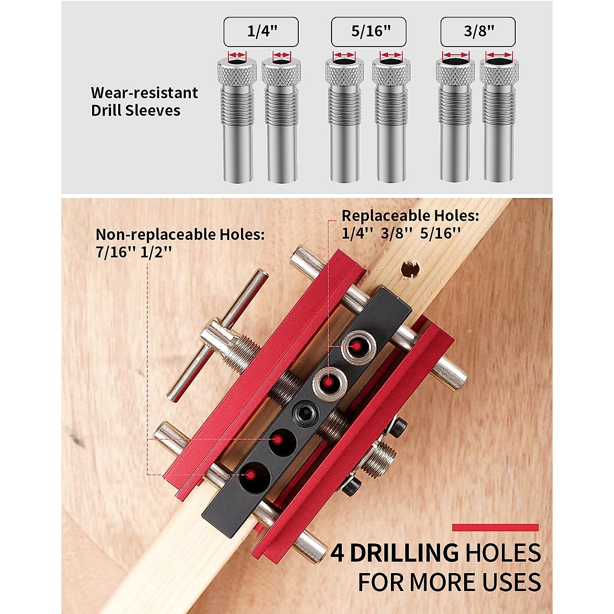 DAYDOOR Self Centering Doweling Jig, Adjustable Width Dowel Jig for Straight Holes, Biscuit Joiner Set with 6 Bushings and 3 Drill Bits(Red)