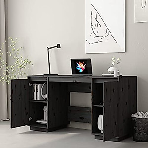 vidaXL Solid Wood Pine Desk Home Indoor Bedroom Office Work Station Storage Wooden Standing Writing Computer Study Working Desk Furniture Black
