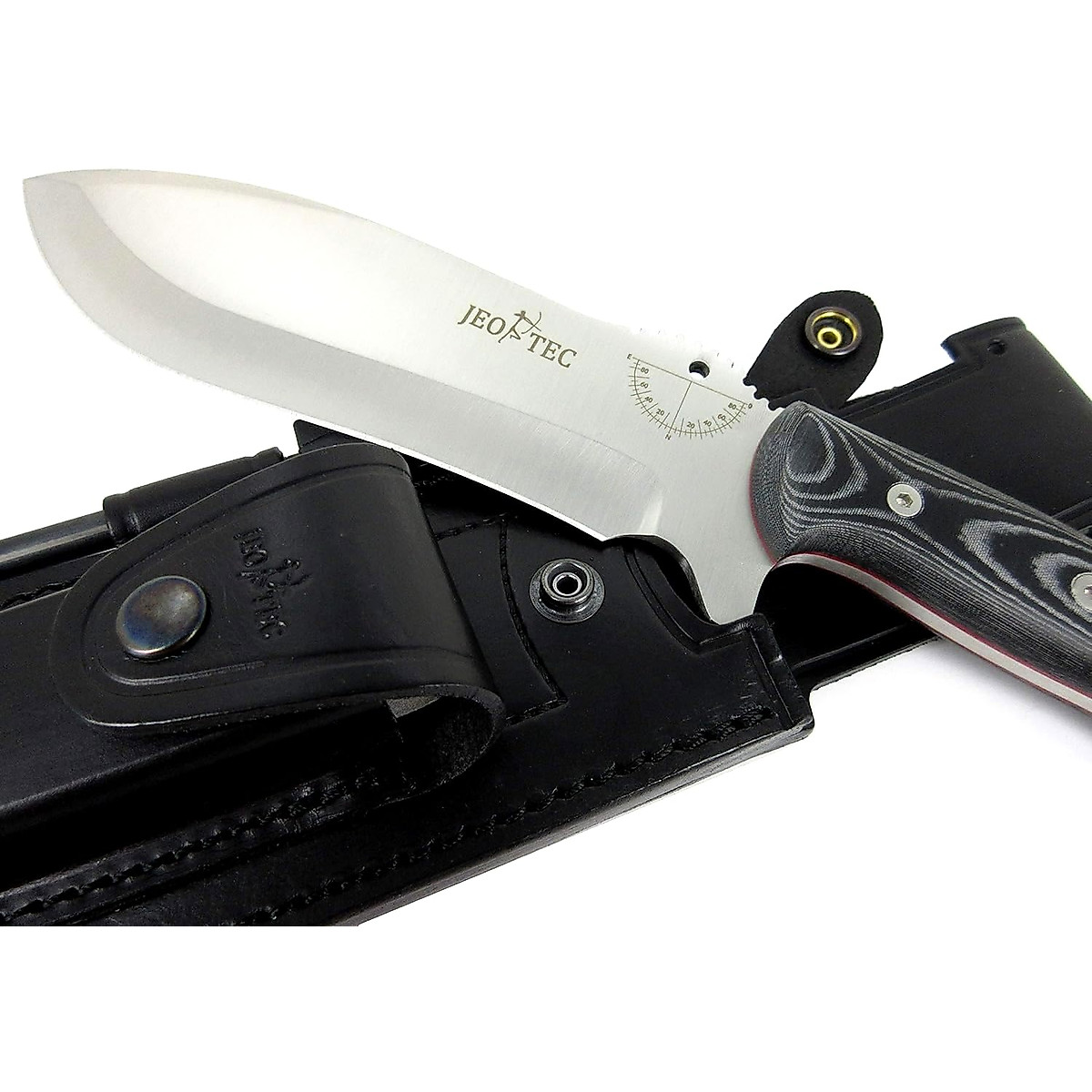 JEO-TEC Nº55 Full Tang Bushcraft Survival Hunting Camping Fishing Knife, Fixed Blade 6.7" MOVA-58 Scandi, Genuine Leather Multi-Position Sheath + Firesteel + Sharpener Stone, Handmade