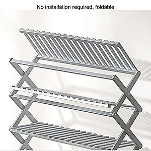 6-Tier Foldable Bamboo Shoe Organizer Rack, Bamboo Stackable Shoe Shelf Storage Organizer, Shoe Rack Household Shelves Multifunctional Storage Free Standing Shoe Shelf Grey