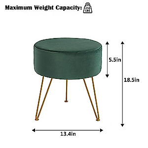 Round Vanity Stool Chair, Velvet Modern Ottoman Foot Stool with Adjustable Metal Legs & Sponge Filling, Upholstered Foot Rest for Living Room, Bedroom, Dressing Room, Office, Green