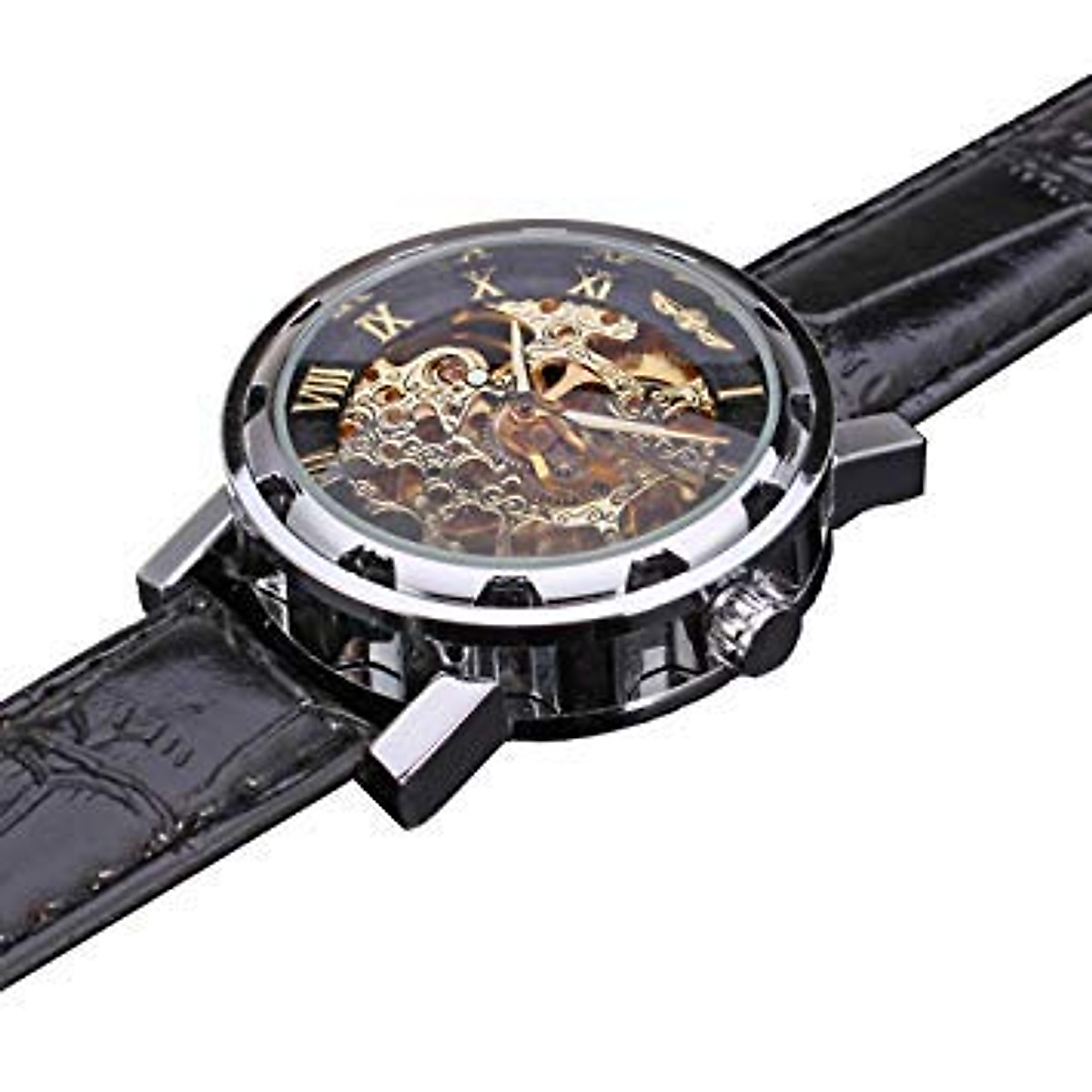 Gute Luxury Steampunk Bling Automatic Mechanical Wristwatch Golden Bezel Minimalist Stainless Steel (Black-Gold)