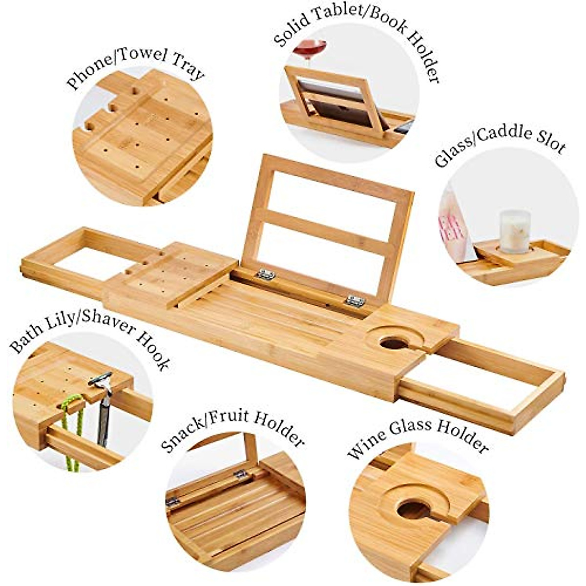 Utoplike Bamboo Bathtub Caddy Tray Bath Tray for Tub, Adjustable Bathroom Bathtub Organizer with Book Tablet Wine Glass Cup Towel Holder,Distinctive Gift for Christmas