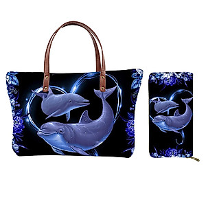 JEOCODY Cute Dolphins Pattern Handbags and Wallets Sets for Women Ladies Top Handle Bag Travel Work Daisy Shoulder Shopper Bag
