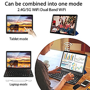 Tablet with Keyboard, Newest 2 in 1 Tablet 10 inch Android 11 Tablet, Quad-Core Processor, 64GB+4GB, 128GB Expandable, 2.4+5G WiFi, Dual Camera, 6000mAh, Bluetooth, GPS (Blue)