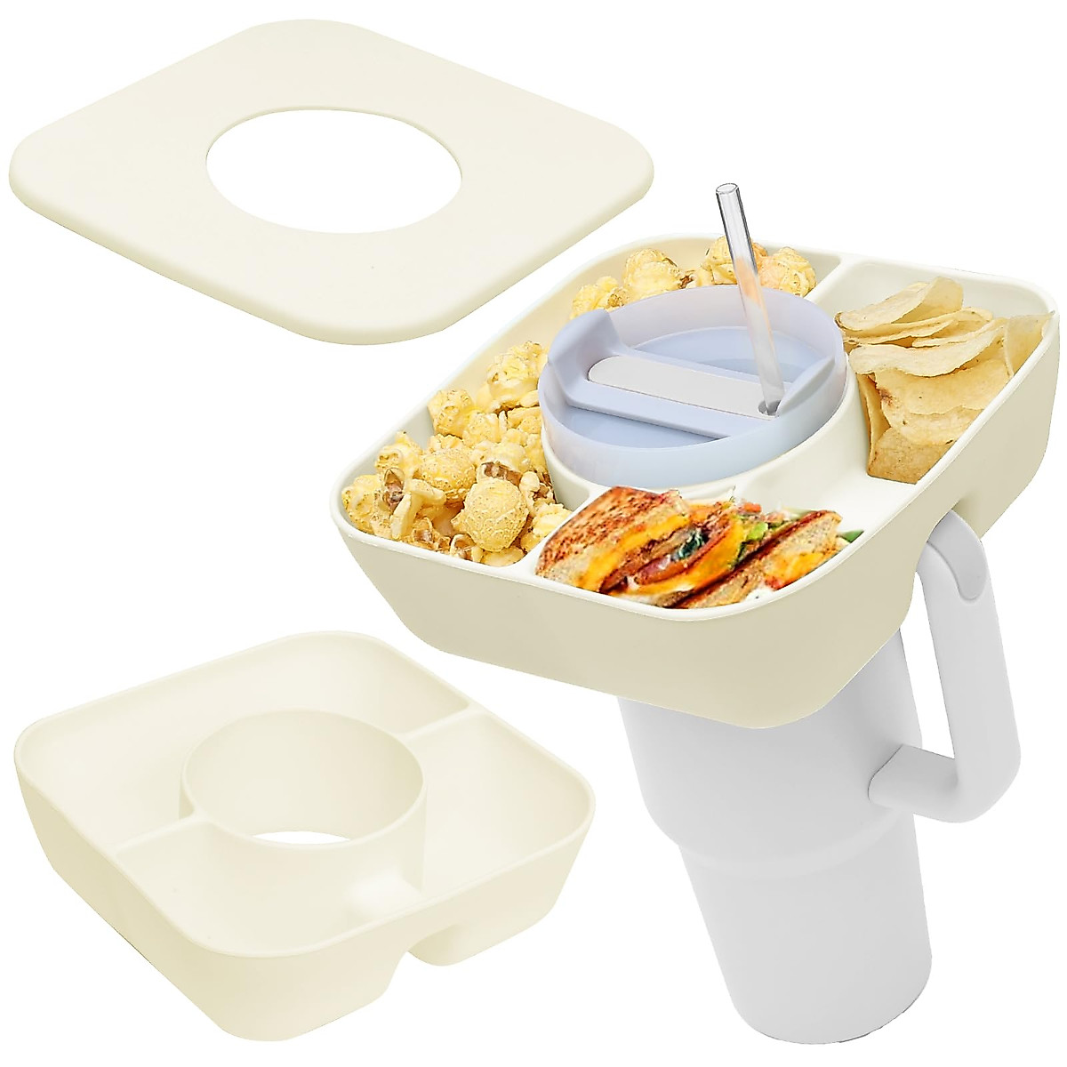 Dazhuocs Snack Bowl for Stanley Cup with Cover, Reusable Snack Tray with Lid Fits for Stanley 40 oz Tumbler with Handle, Stanley Accessories Silicone Snack Ring (Yellow White)