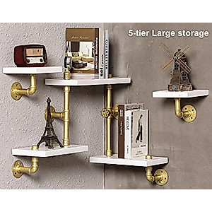 ZYUXUAN Industrial White and 18K Gold Floating Ladder Shelves, Wall Mounted Bookshelf/Bookcases for Home, Modern Pipe Frame Shelving with Wood Planks Floating Hanging Rack for Kitchen Bathroom Office