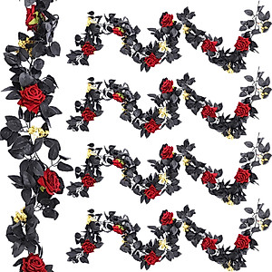 Zeyune 5 Pcs Halloween Artificial Black Rose Vine Fake Floral Wall Hanging Ornaments Dark Flower Floral Vines Decorative Black Rose Garland with Golden Berries and Black Leaves for Home Wedding Party
