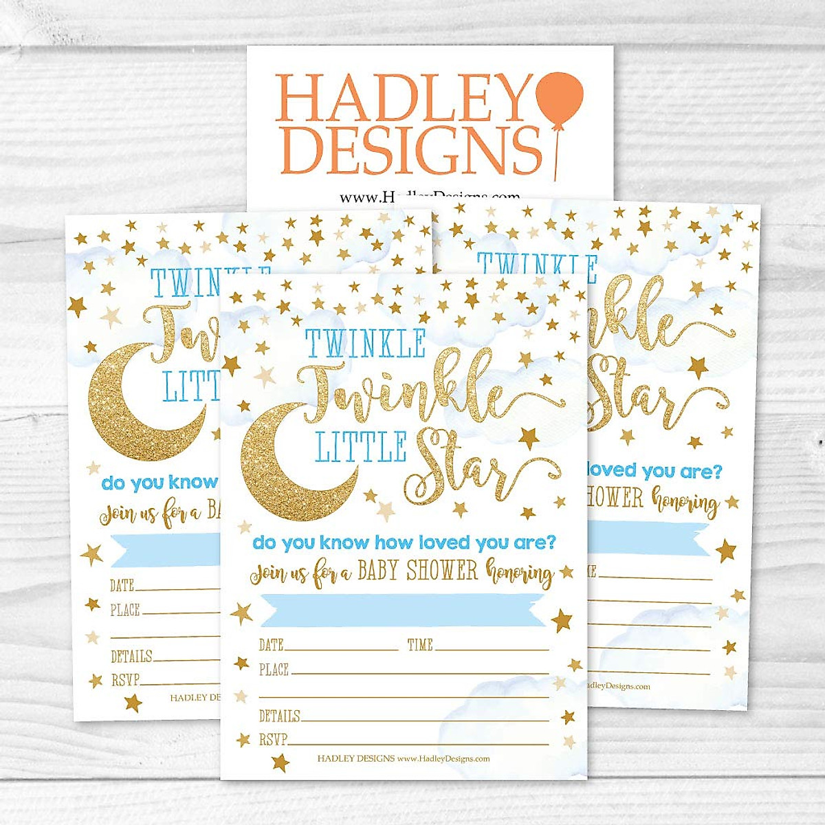 25 Twinkle Twinkle Boy Baby Shower Invitations, Sprinkle Invite For Boy, Coed Little Stars Gender Reveal Theme, Cute Moon Clouds DIY Fill or Write In Blank Printable Card, Blue Gold Party Supplies