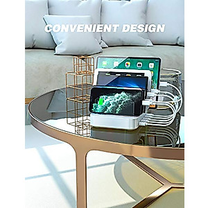 Charging Station for Multiple Devices - 5 in 1 Charging Dock Built-in AC Adapter with 5 USB Fast Ports and 8 Short Cables Charging Stand for iWatch, Airpods, Cell Phones, Smart Phones, Tablets (WHITE)