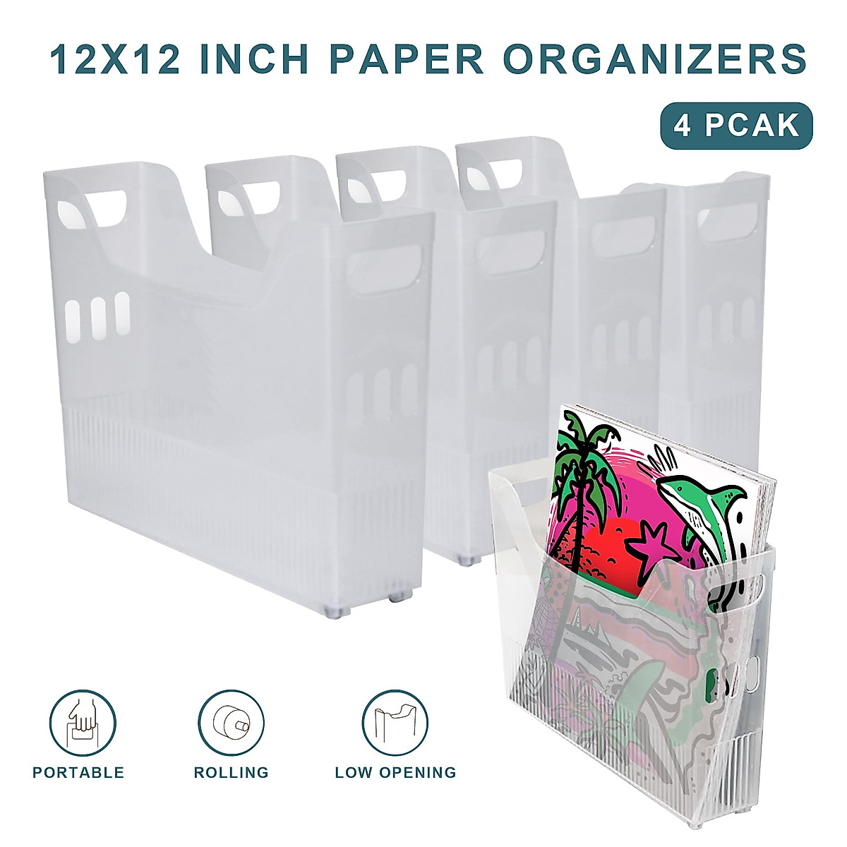 dndsim 4PCS 12x12 Paper Storage, Scrapbook Paper Storage With Wheels, Scrapbook Paper Storage, 12x12 Paper Storage Organizer, for Holding 12" X 12" Papers, Scrapbook, Vinyl Paper, Card Stock