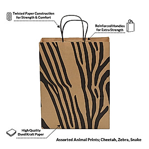 Brown Paper Gift Bags - 10x5x13 Inch 50 Pack Brown Animal Print Medium Bags with Handles, Cheetah, Zebra, Leopard, for Shopping, Groceries, Small Business, Retail, Take-Out, Merchandise, Parties, Events