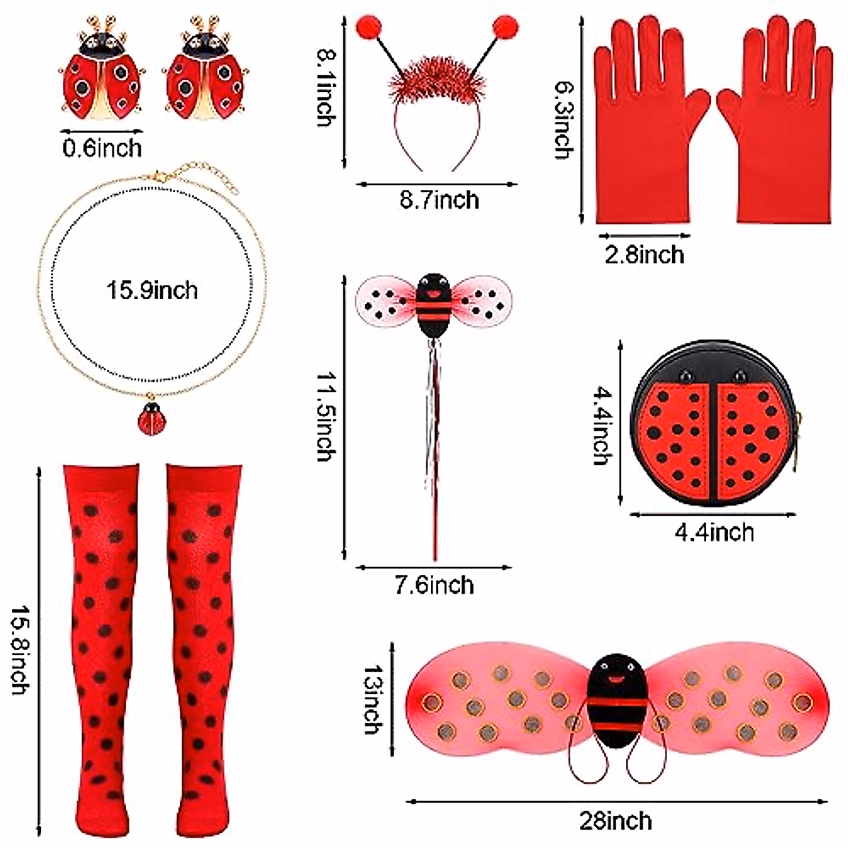 Toulite 9 Pcs Halloween Ladybug Dress Costume with Socks Red Gloves Necklace Earrings Wing for Kids Cosplay Party (51 Inches)