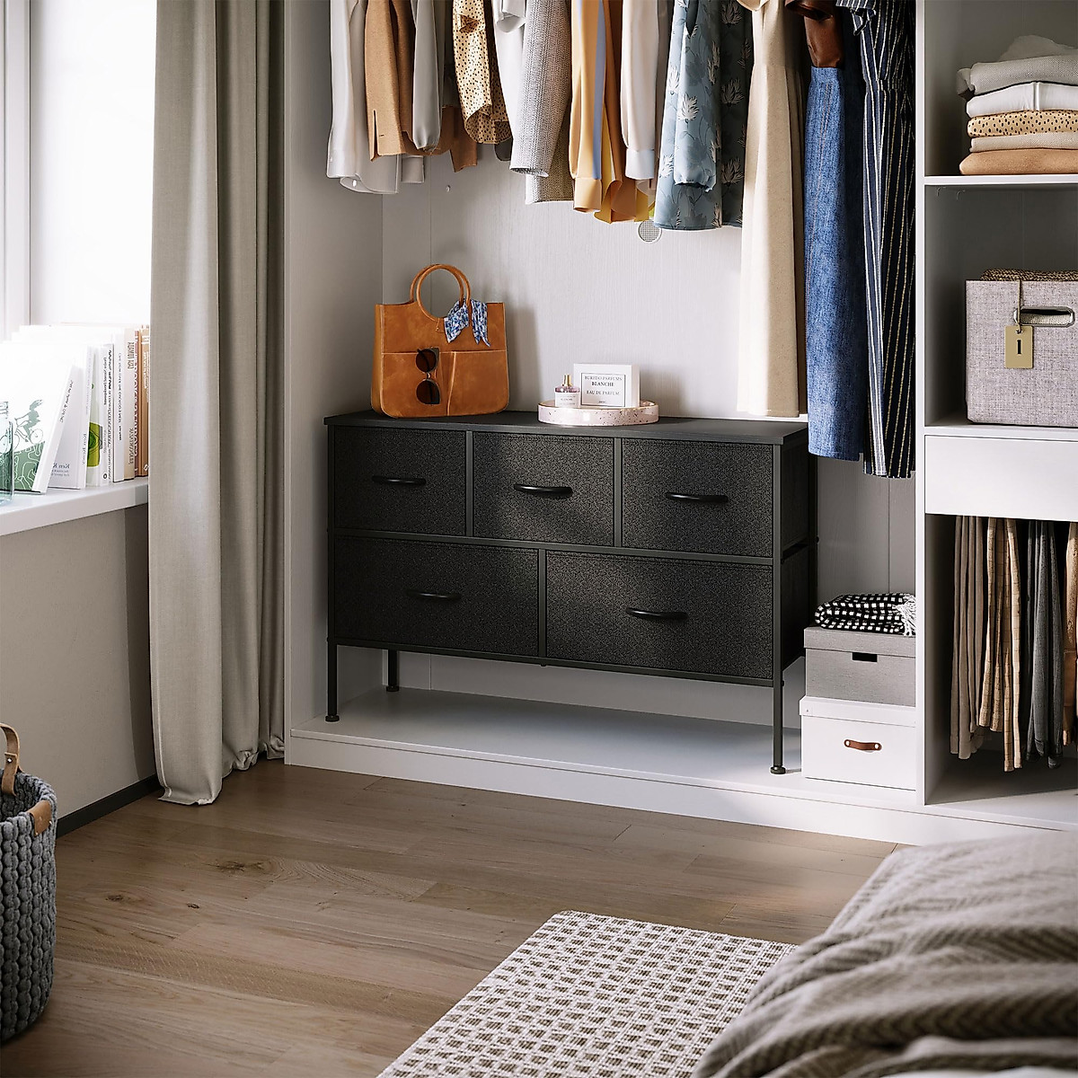 LINSY HOME Dresser for Bedroom with 5 Drawers, Fabric Long Dresser, Wide Chest of Drawers, Storage Organizer Unit for Closet, Living Room, Hallway