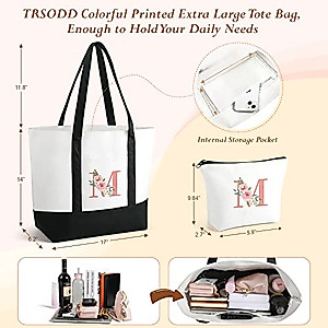 Floral Ini-tial Large Tote Bag for Women, Can-vas Beach Bag w Makeup Bag, Personalized Friend 50th Birthday Bridesmaid Bridal Shower Mothers Day Gifts w Inner Pocket, Top Zi-pper, Gift Box, Card J