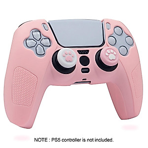 BRHE Skin for PS5 Controller Grip Cover Anti-Slip Silicone Protector Rubber Case Cute Kawaii Accessories Set Gamepad Joystick Shell with 2 Thumb Grip Caps (Full Covered, Pink)