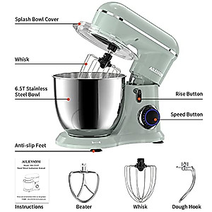 AILESSOM 3-IN-1 Electric Stand Mixer, 660W 10-Speed With Pulse Button, Attachments include 6.5QT Bowl, Dough Hook, Beater, Whisk for Most Home Cooks, Morandi Green