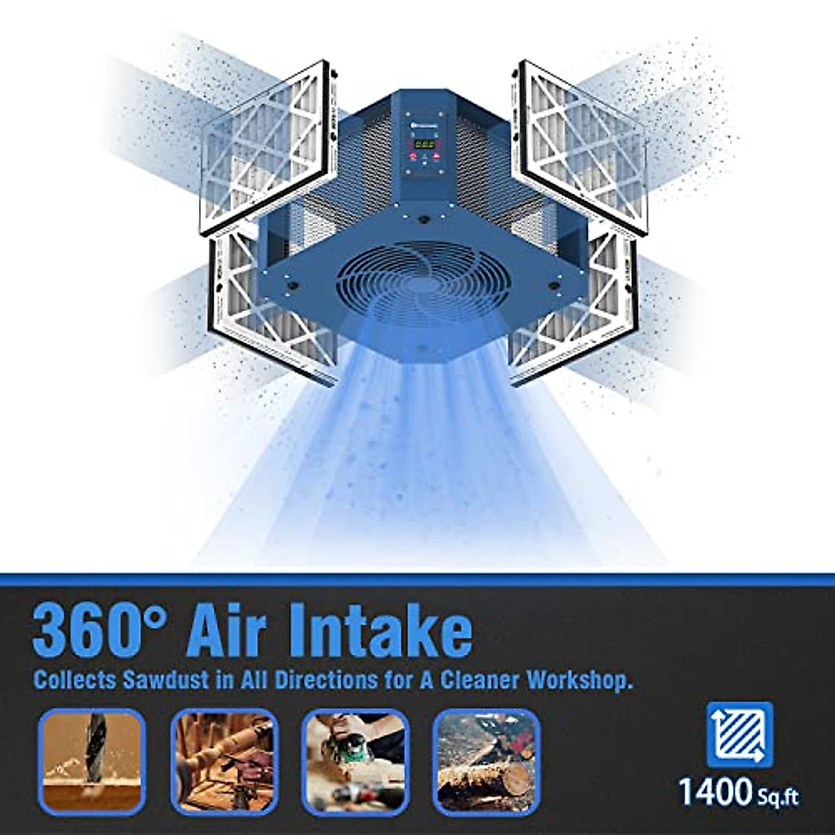 Denwenny Filtration System Woodworking Shop - (1350CFM) with Strong Vortex Fan, Hanging Mode for Garage Works Shop, Shop Dust Collectors without Ionizer, KingMaster F12