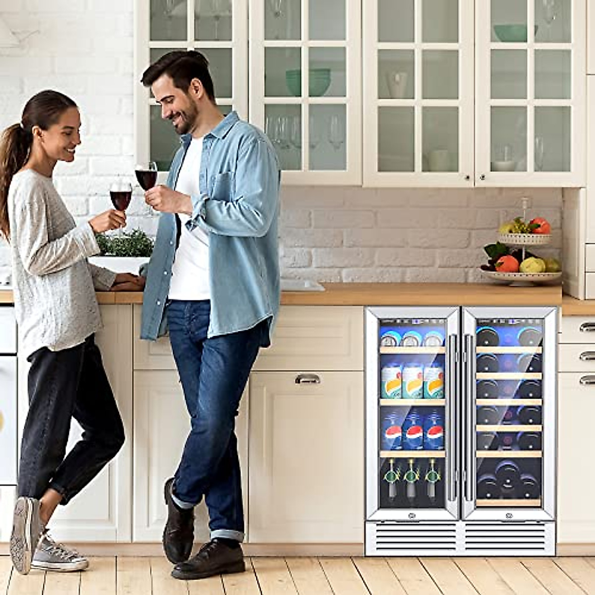 COSTWAY Wine and Beverage Refrigerator, 24 Inch Dual Zone Under Counter Wine Cooler w/Lock, 19 Bottles & 57 Cans Beverage Fridge Cooler, Built-In or Freestanding Beer Wine Fridge for Home Kitchen Bar