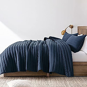 Navy Blue Queen Size Quilt Bedding Sets with Pillow Shams, Mustard Full Lightweight Soft Bedspread Coverlet, Quilted Blanket Thin Comforter Bed Cover for All Season, 3 Pieces, 90x90 inches