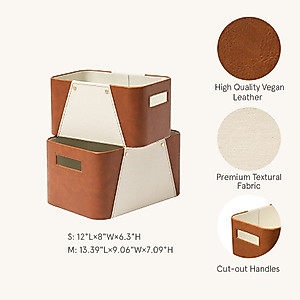 LA JOLIE MUSE Storage Baskets for Organizing, 2 Pack, Storage Cube Boxes Luxury Brown Vegan Leather and Beige Greige Fabric for Closet Shelf Cabinet Bookcase