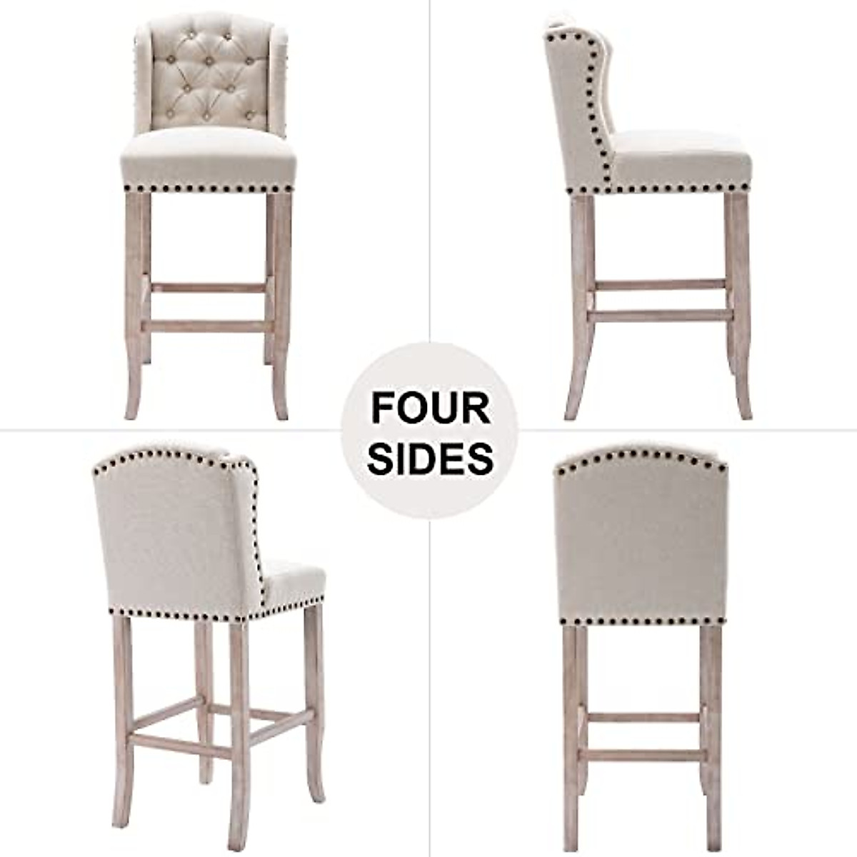 DUOMAY Classic Tufted 30 Inch Bar Stools Set of 2, Linen Upholstered Counter Chairs with Back, Armless Barstools Breakfast Stools W/Solid Wood Legs for Kitchen Island Lounge Pub Bar, Beige