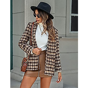MEROKEETY Women's Long Sleeve Notch Lapel Fashion Plaid Jacket Coat Open Front Pockets Blazer Suit, Brown, L