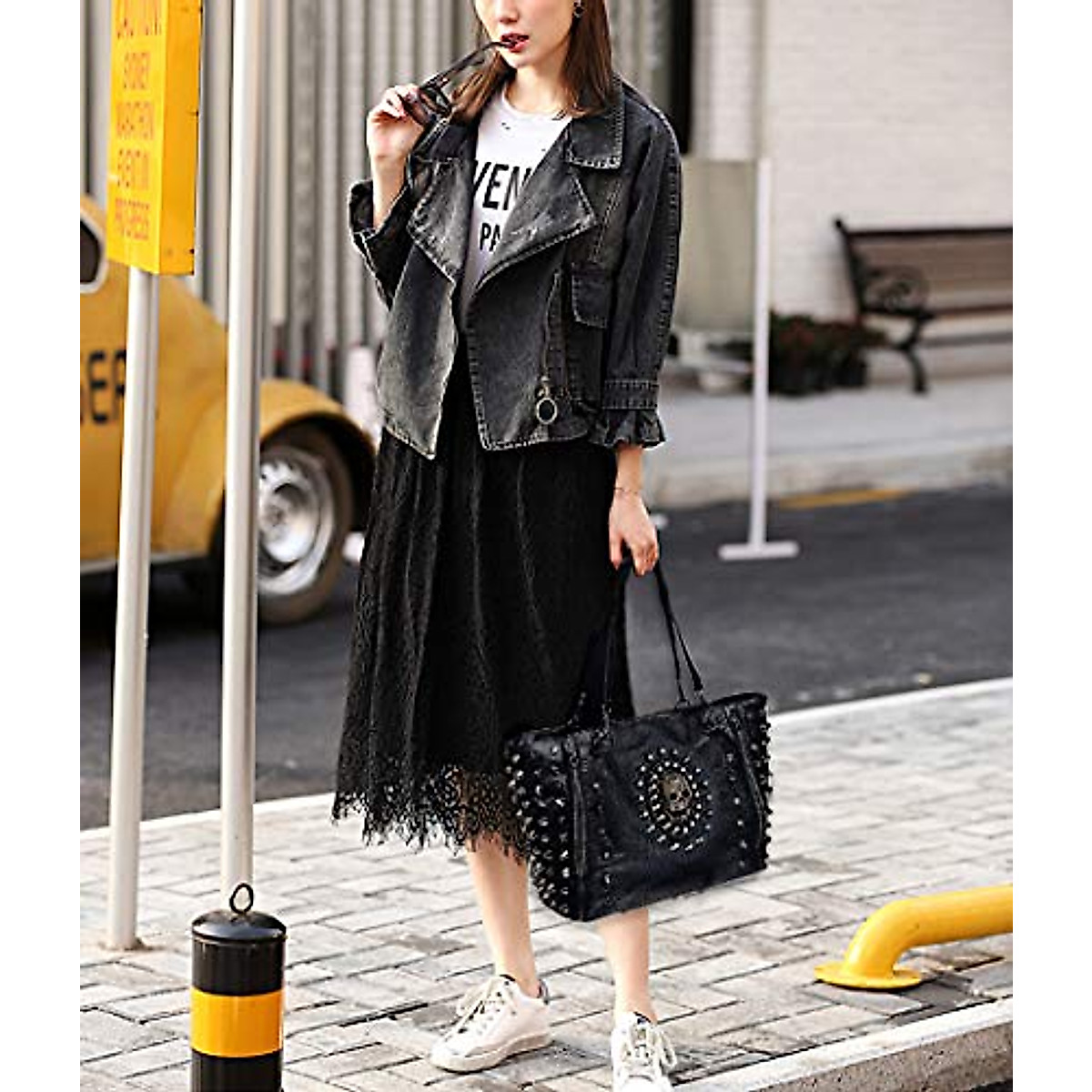 UTO Women Skull Tote Bag PU Washed Leather Rivet Studded Ladies Purse Shoulder Bag