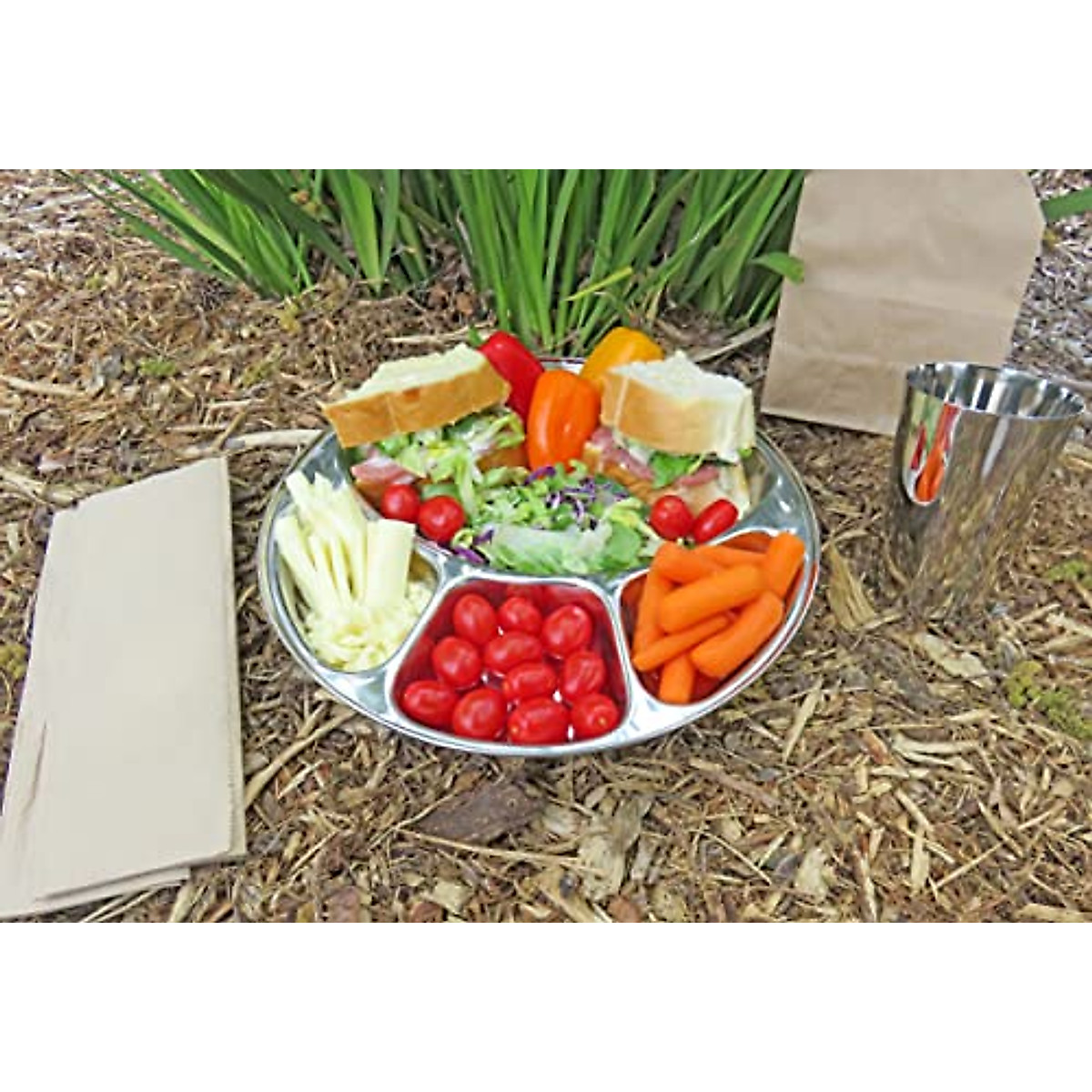 Lifestyle Block Stainless Steel Divided Plate: 4 Section Mirrored Round Plate for use as Plate or Platter