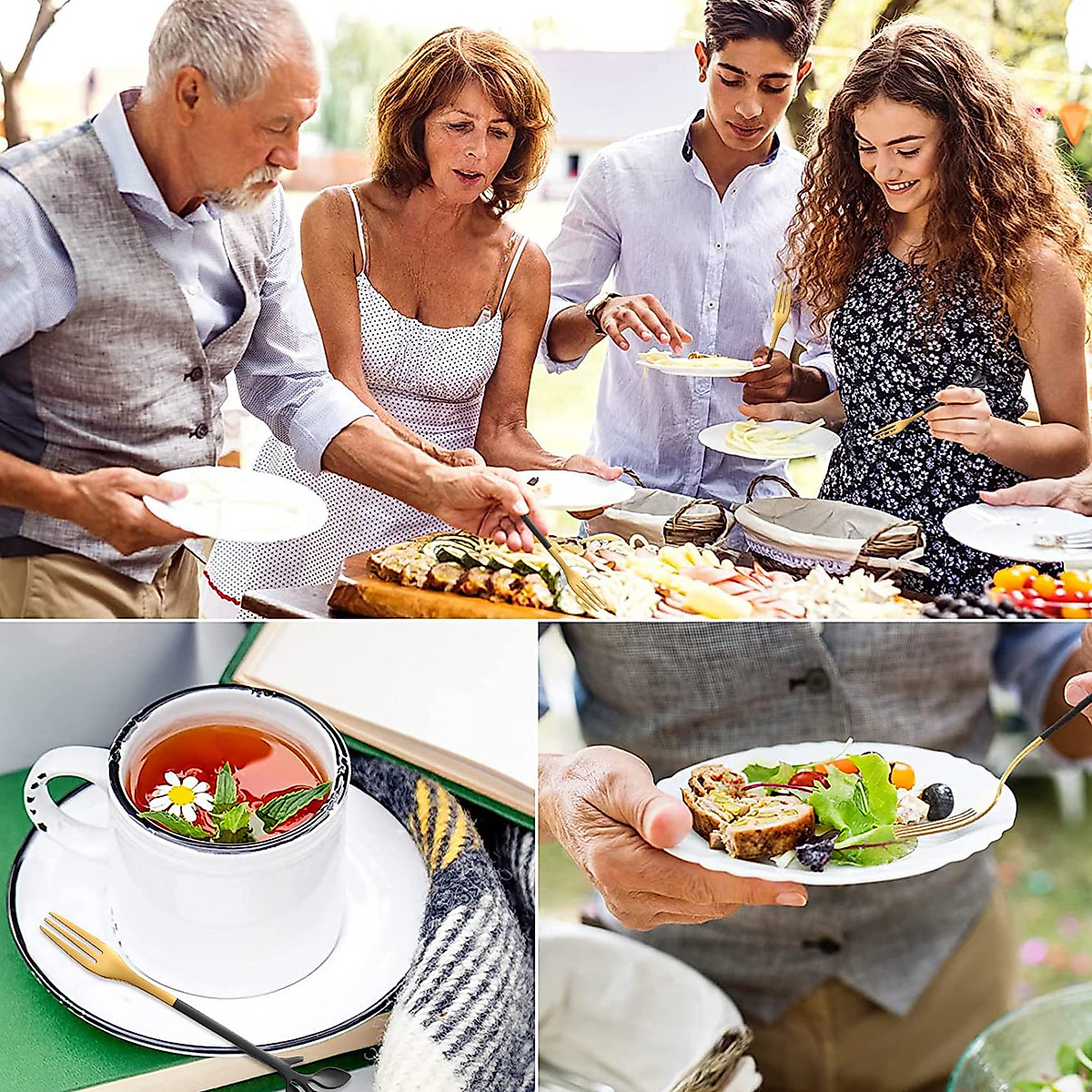 Rovepic 10 Pack Stainless Steel Appetizer Cake Fruit Forks Black Leaf Creative Tasting Dessert Mini Gold 3-Tined Forks Birthday Parties Events Kitchen Accessory Stirring Fork Set 4.8 inch