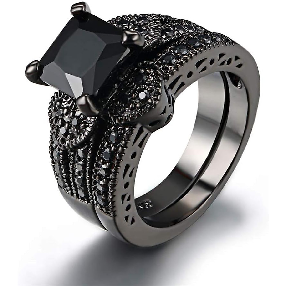LOVERSRING Couple Ring Bridal Set His Hers Black Stainless Steel 10k Black Wedding Ring Band Set