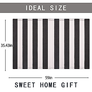 Black Stripe Outdoor Runner Rug Cotton Woven Floor Throw Carpet Mat Washable Front Door Entryway Doormat for Layered Door Mats Porch Farmhouse Entryway-35.4" x59