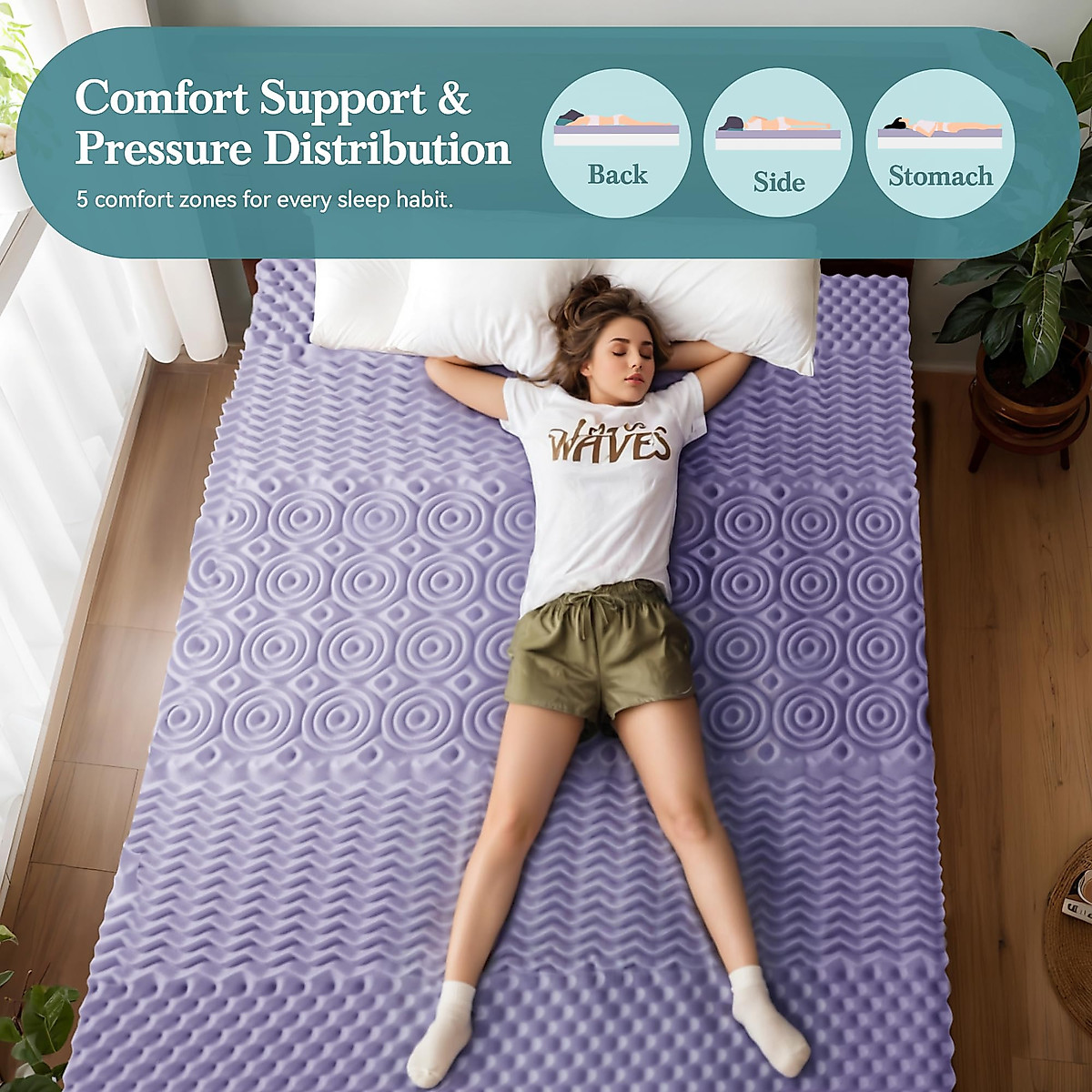 HOOMIC 3 Inch Queen Memory Foam Mattress Topper, 5-Zone Lavender Cooling Gel Infusion, CertiPUR-US Certified, Purple