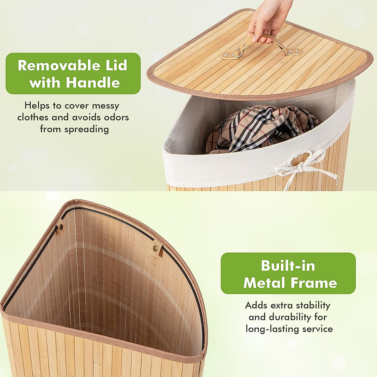 Giantex Corner Laundry Hamper with Lid, 58 L Bamboo Laundry Basket with Removable Liner & Handle, Triangle Clothes Hamper for Small Spaces, Bedroom, Bathroom, Laundry & Living Room (Natural)
