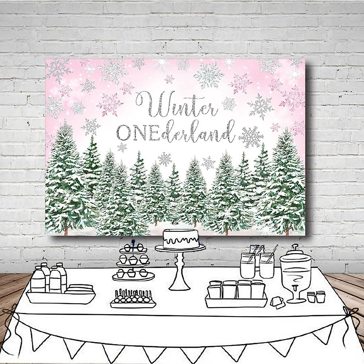 MEHOFOND 7x5ft Winter Onederland Backdrop for Girls First Birthday Pink Silver Glitter Snowflake Photography Background Pine Trees Happy 1st Birthday Party Banner Decorations Photo Booth Props
