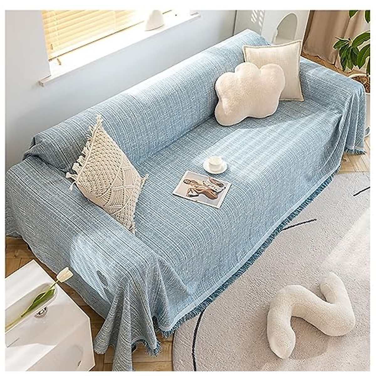 Homxi Couch Cover 4 Cushion Sectional,71" W x 134" L,Sofa Cover Solid Color with Tassels Couch Cover Cotton Linen Chaise Sofa Cover Blue