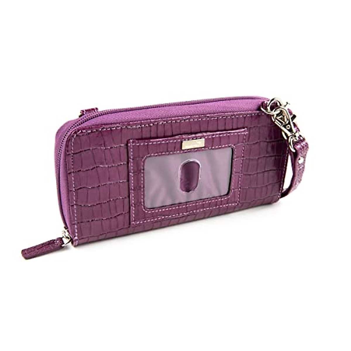 WalletBe Women's Leather RFID Zipper Double Accordion Clutch Wallet with Wristlet Croco Purple