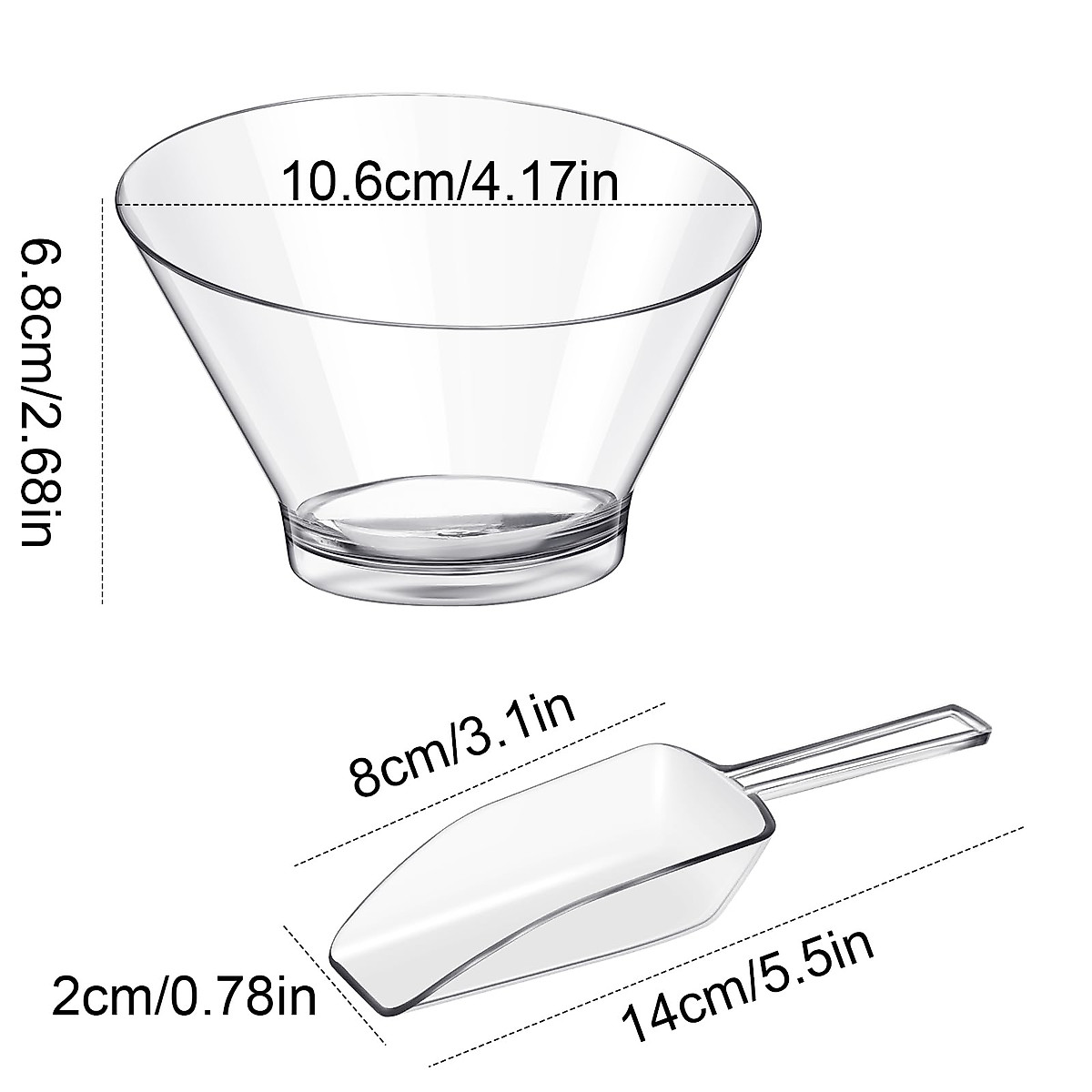 Sawysine 12 Pcs Plastic Clear Serving Bowls with Kitchen Plastic Scoops Salad Serving Bowls Popcorn Scoops Angled Candy Bowl for Salad Cooking Parties, 210 ml