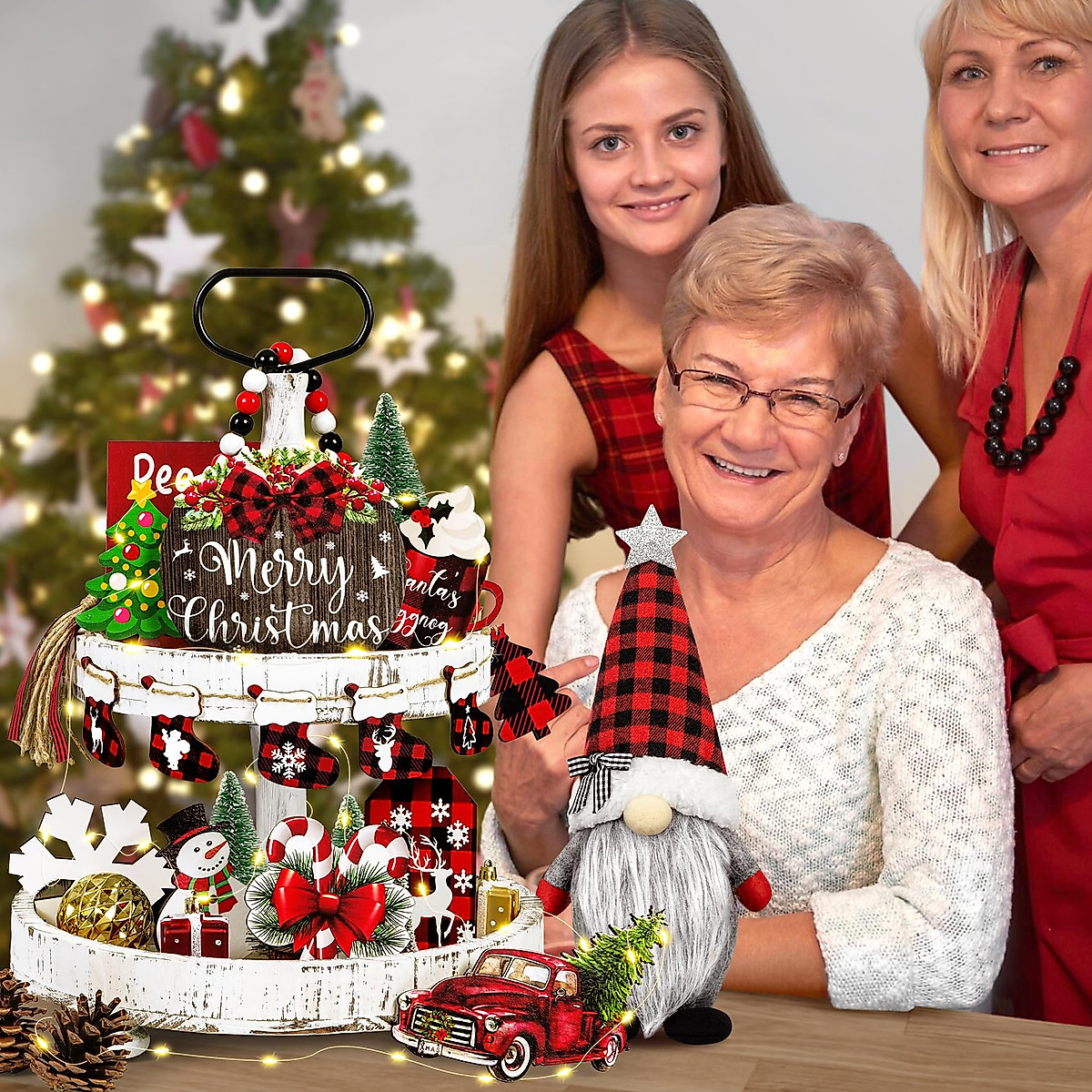 13 Pc Christmas Gnome Plush Tiered Tray Decor Set - Holiday Table Decorations for Home Kitchen Party