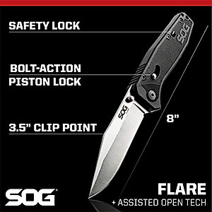 SOG Flare Folding and Pocket Knife Assisted Opening Tech Knife w/ 3.5 Inch Stainless Straight Edge Blade & Tactical Knife GRN Grip (FLA1001-CP), Black