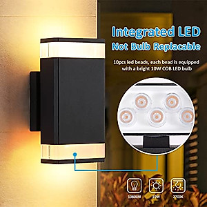DAKAFUL LED Up and Down Lights Outdoor Wall Sconce, 2Pack Integrated Square Outdoor Lights for House, 10W 2700K Warm Aluminum Modern Exterior Light Fixture for Porch Patio Garage