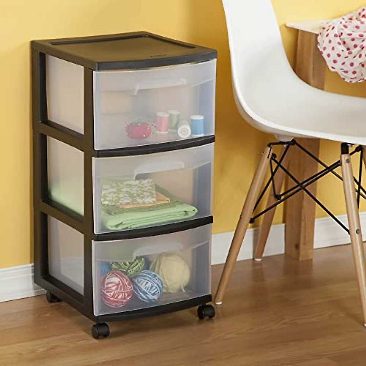 Generic Plastic Storage Drawer Cart, Medium Home Organization Storage Container with 3 Large Drawers w/Removeable Wheels, Black Frame with Clear Drawers and Black Casters, Set of 2 (Black)