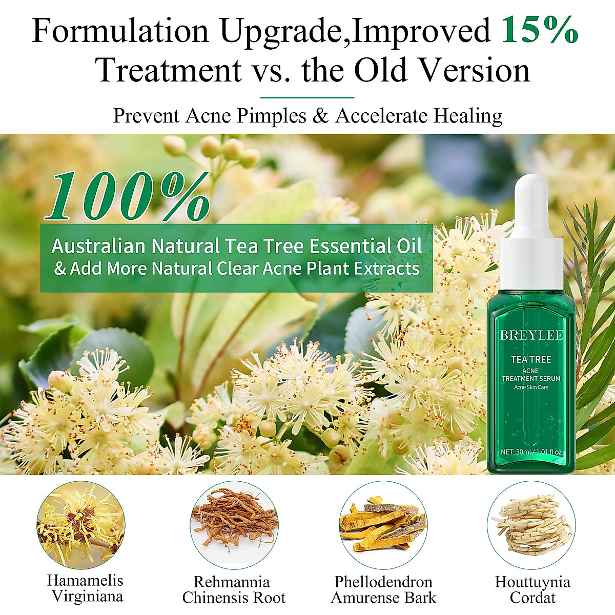 Tea Tree Oil Acne Serum, BREYLEE 2.0 Treatment Acne-Prone Sensitive Skin Care Face Serum to Cystic Acne Scars, Redness Relief, Pimples Dark Spots Remove, Niacinamide Facial Moisturizer,30ml/1.01fl oz