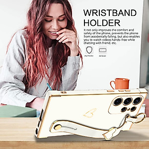 BENTOBEN for Galaxy S23 Ultra Case with Adjustable Wristband Kickstand Loop, Cute Heart Luxury Plating Bumper, Raised Corner Shockproof Women Girls Phone Cover for Samsung Galaxy S23 Ultra 6.8", White
