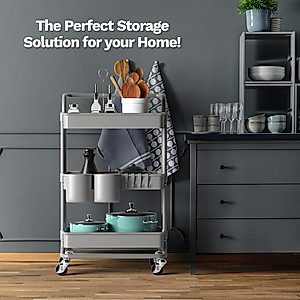 3 Tier Rolling Cart, with Table Top, Rolling Storage Cart with Handles and Locking Wheels, Utility Cart with 2 Small Baskets and 4 Hooks for Bathroom. Office, Balcony, Living Room (Grey)