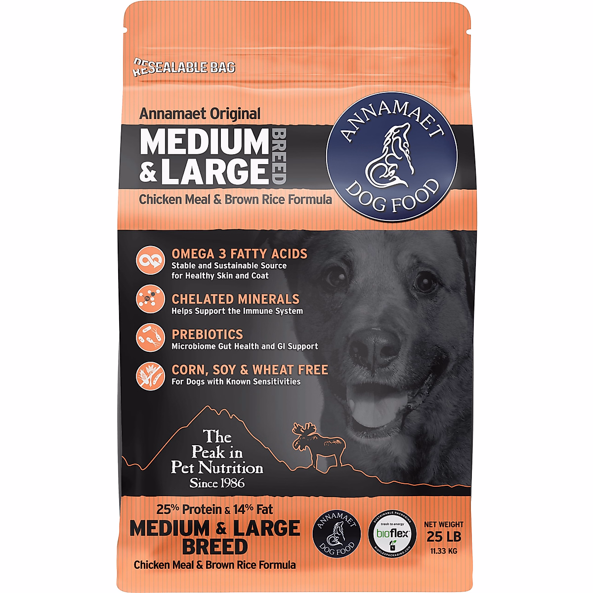 Annamaet Original Encore Formula Dry Dog Food, 25% Protein (Chicken & Brown Rice), 25-lb Bag