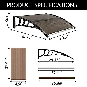 VINGLI Window Awning Door Canopy Exterior, 30" x 40" Awnings for Doors Polycarbonate Cover Patio Door Awning Rain Snow Sunlight Protection Hollow Sheet (Brown Board & Black Bracket)