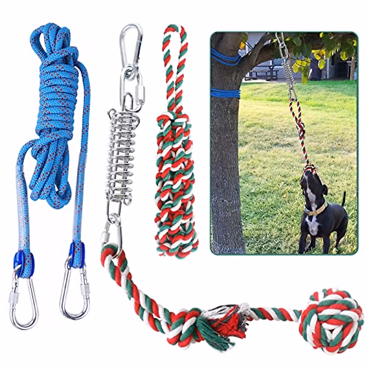 HOPET Dog Outdoor Bungee Solo Hanging Toy, Tether Tug of War Dog Toys for Pitbull Small Large Aggressive Chewers Dogs to Exercise, Durable Interactive Dog Tug Toy with Metal Spring Kit, Dog Rope Toys